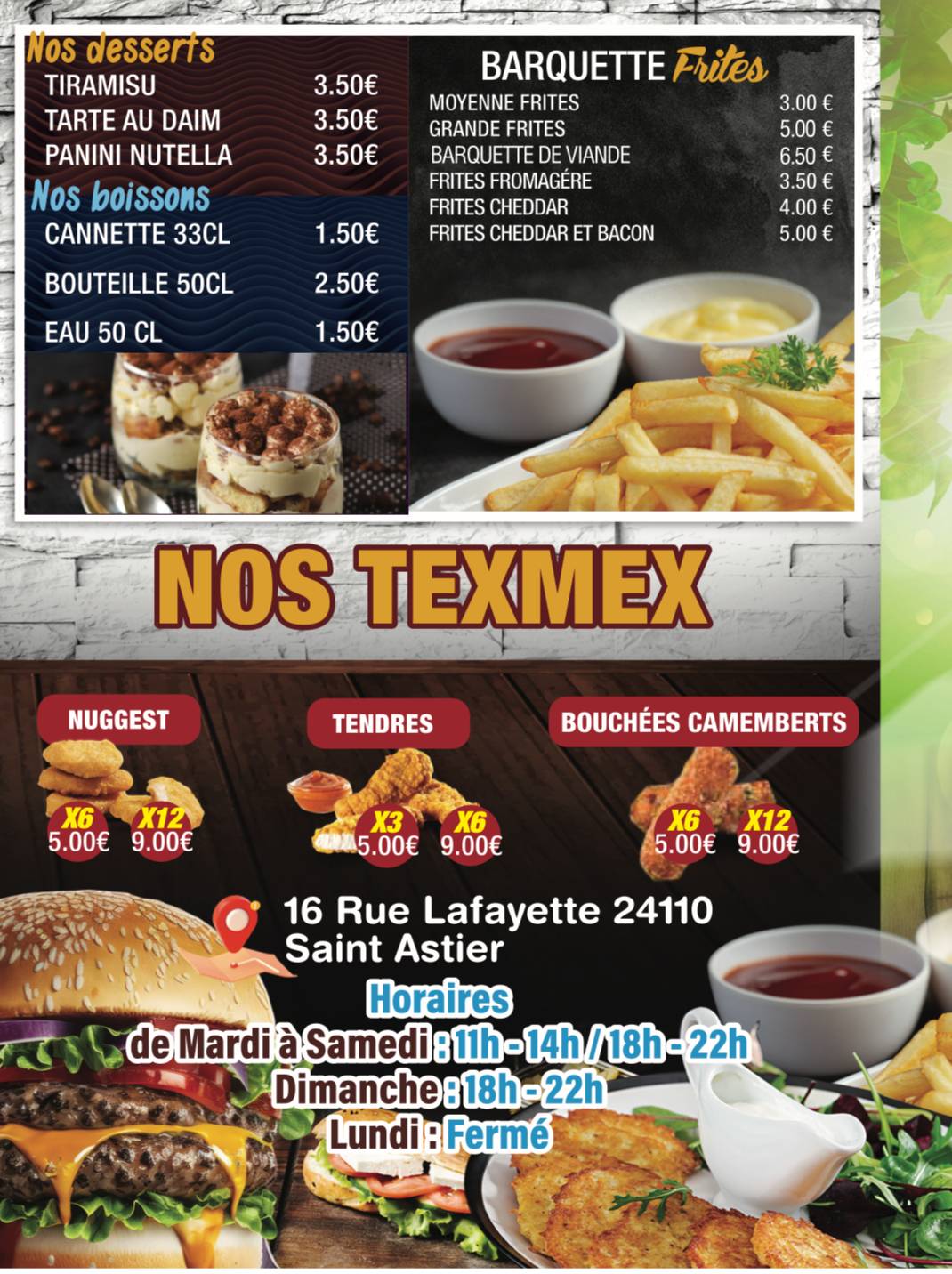 Menu au Au Soleil de Tunis fast food, Saint-Astier