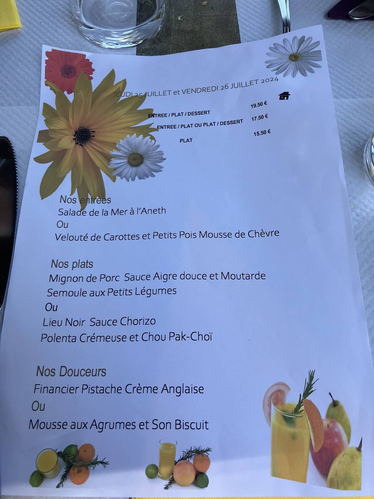 Menu au Au Cèdre restaurant, Vayres