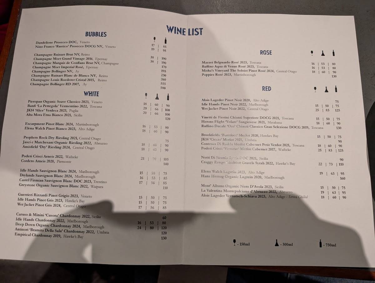 Menu at Amano restaurant, Auckland, 66 - 68