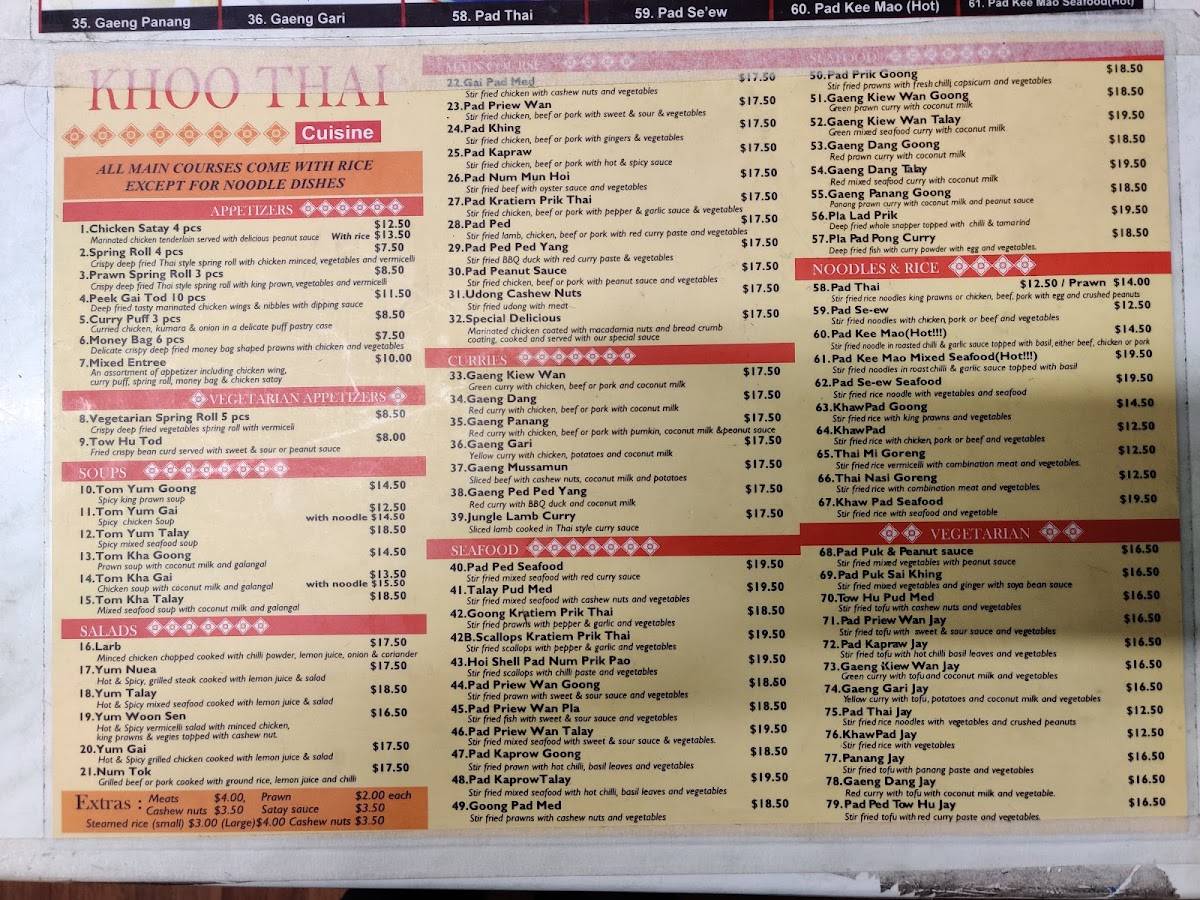 Menu at Khoo Thai Takeaway fast food, Auckland