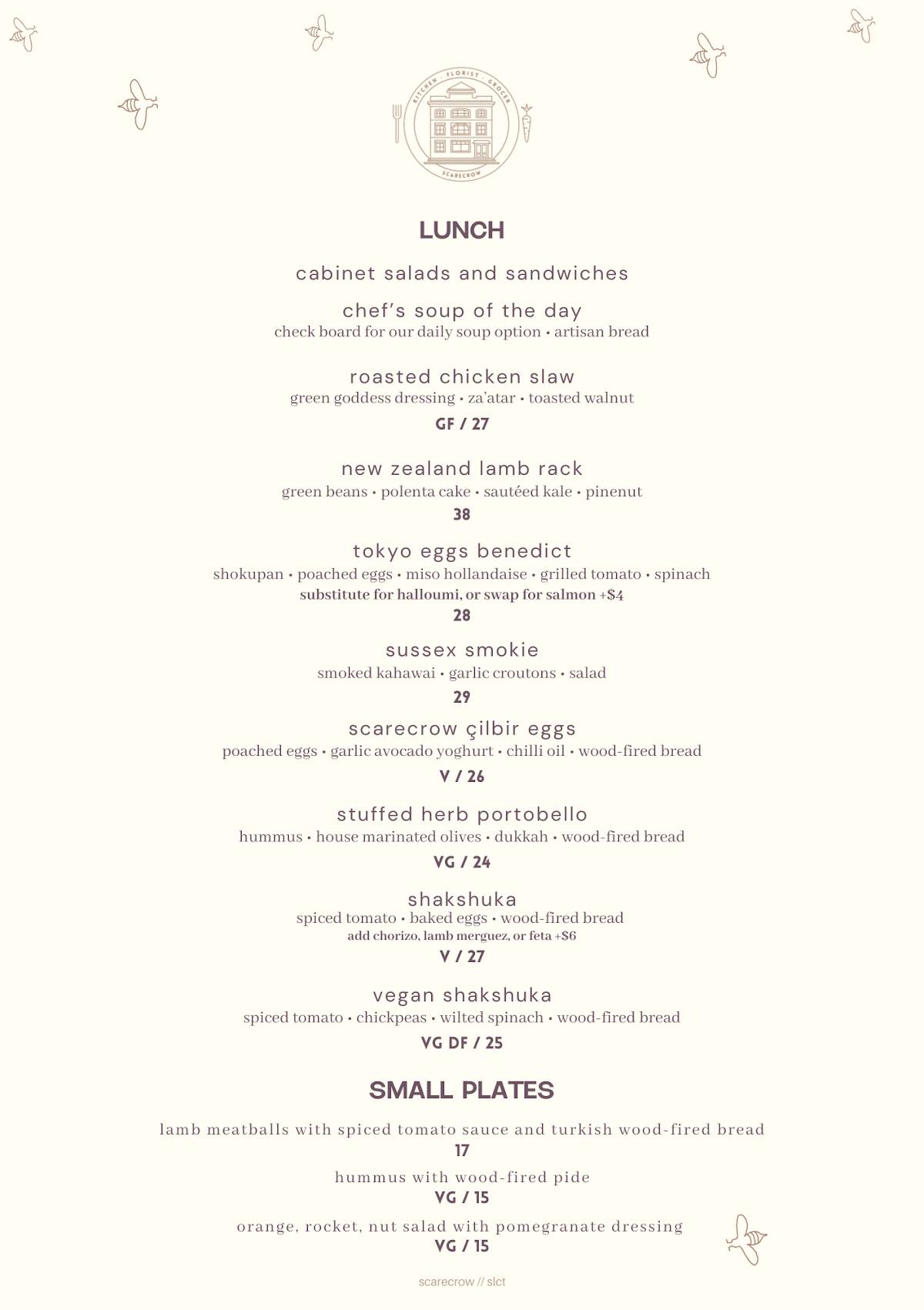 Menu at Scarecrow cafe, Auckland, 33 Victoria St E
