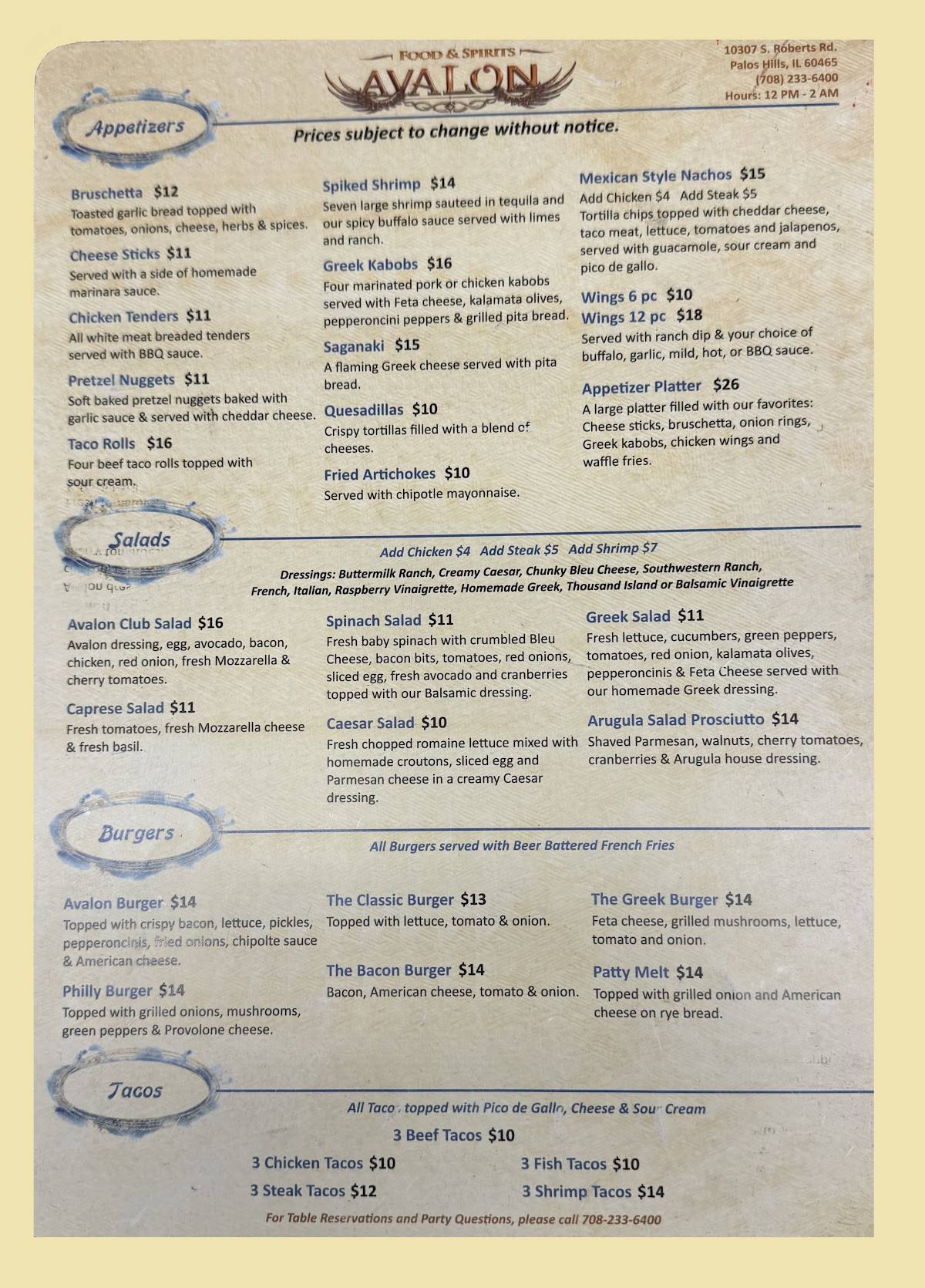 Menu at Avalon Food & Spirits pub & bar, Palos Hills