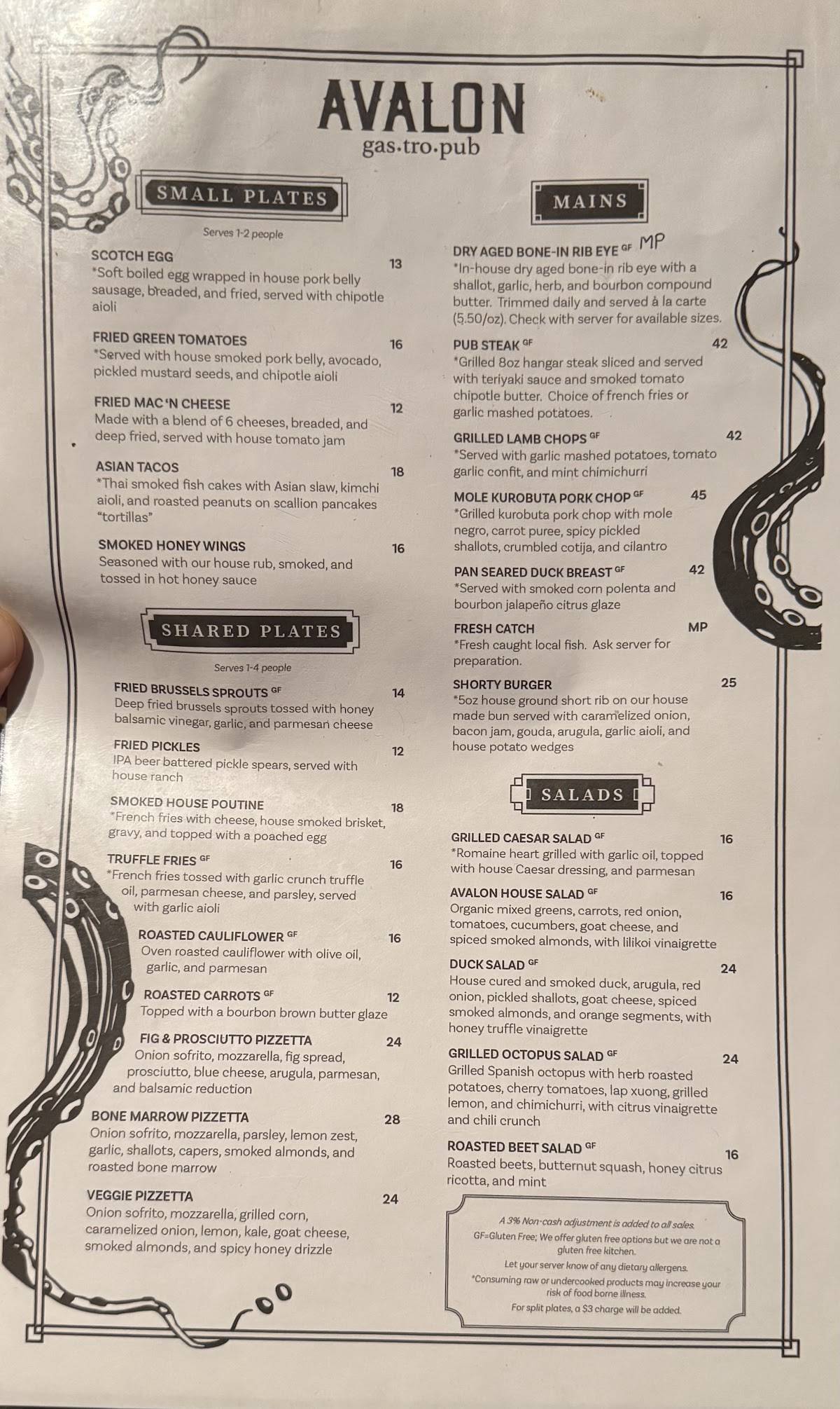 Menu at Avalon Gastropub, Kapaa