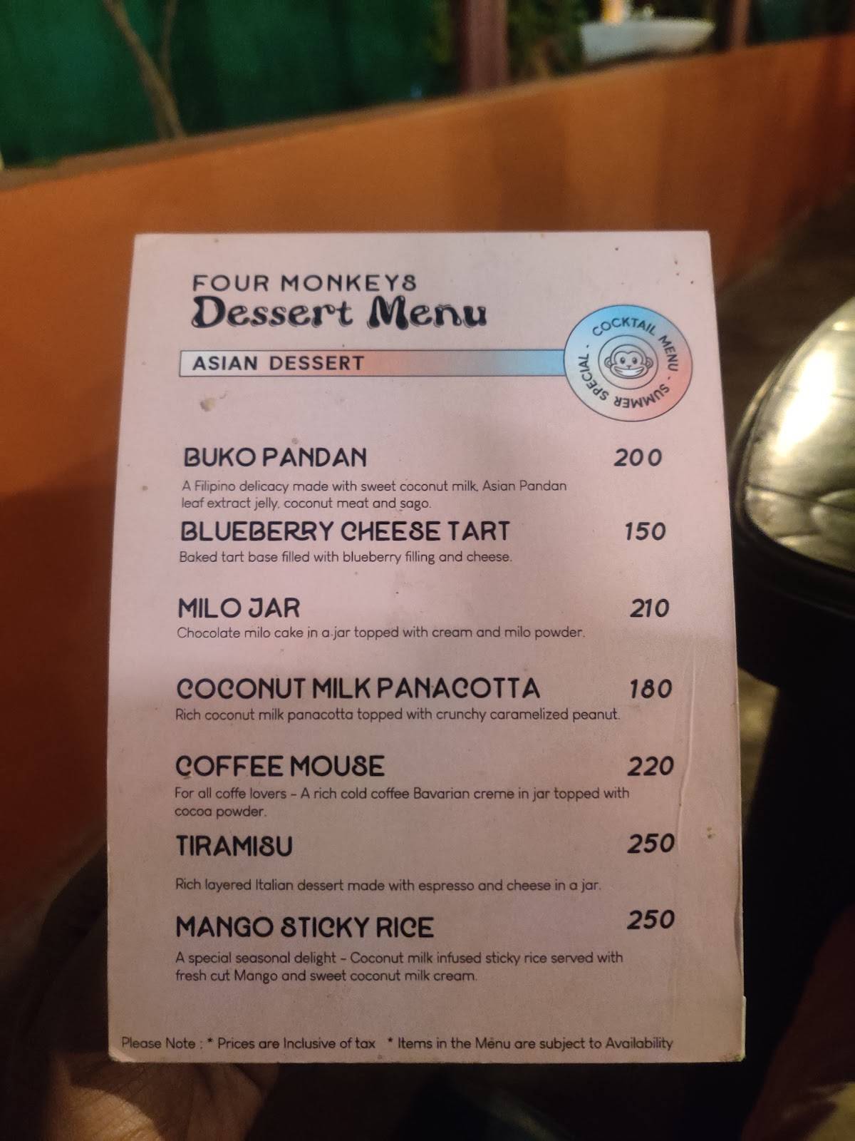 Menu at Four Monkeys Club, Avinashi
