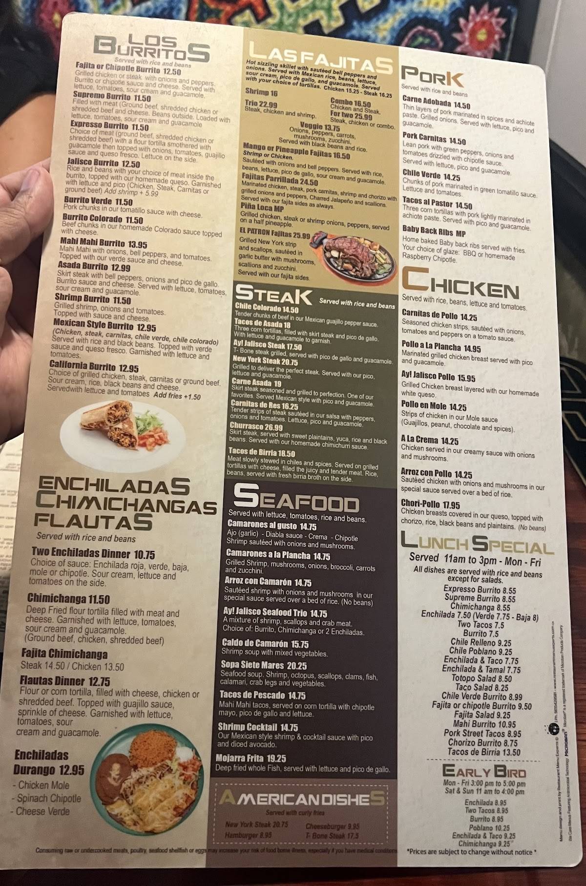 Menu at Ay Jalisco Sebastian restaurant, Sebastian, US-1