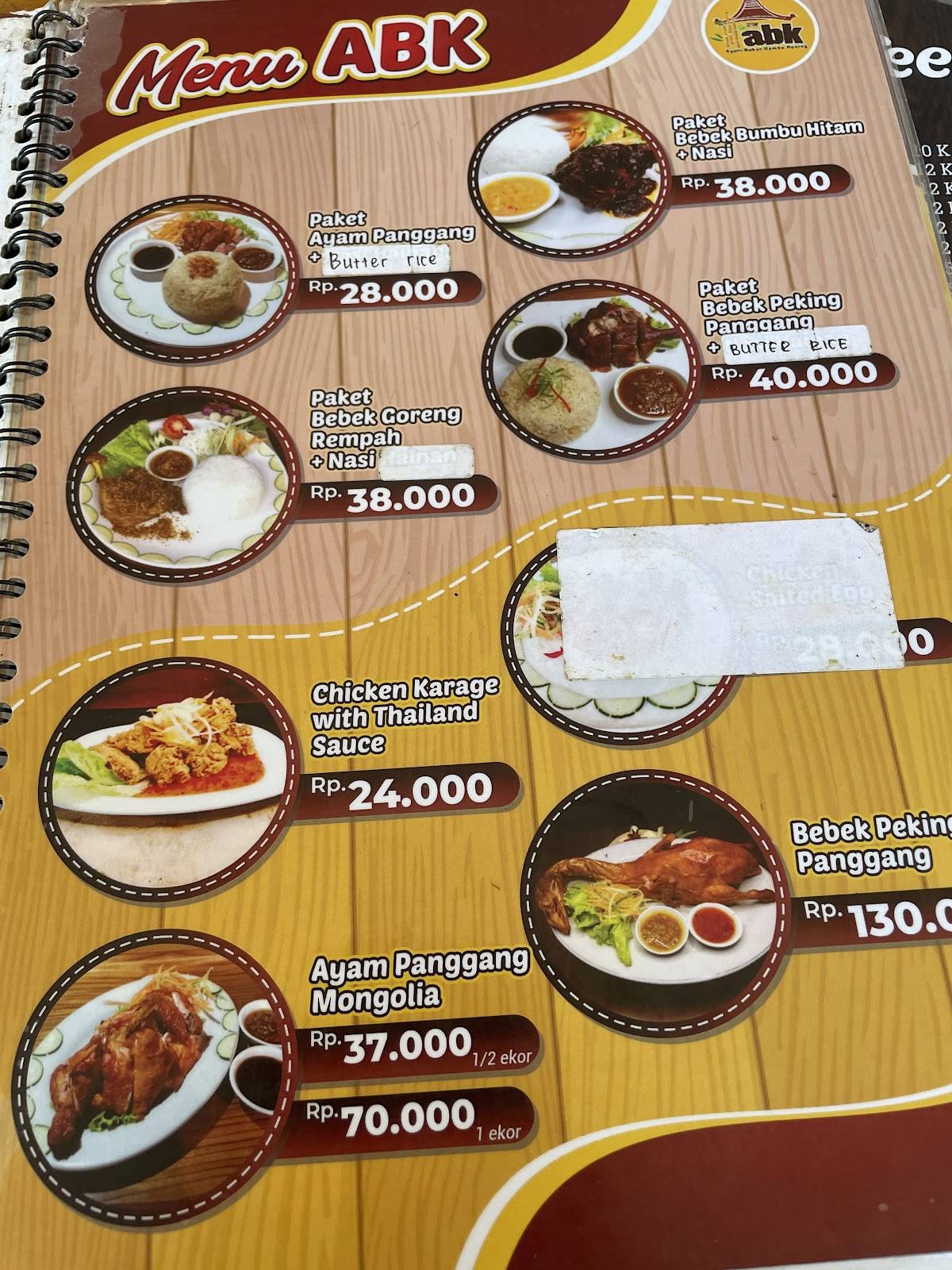 Menu at Ayam Bakar Bambu Kuning restaurant, Purworejo
