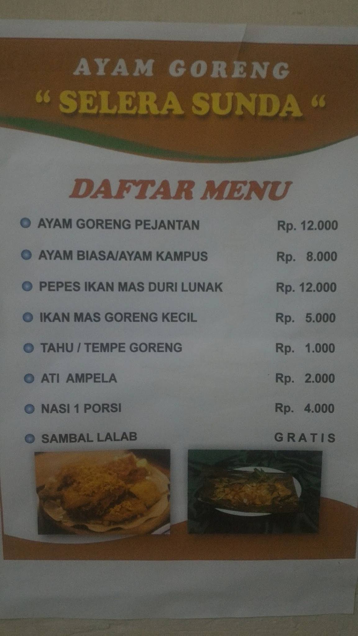 Menu at Ayam Kampus Selera Sunda restaurant, Bandung