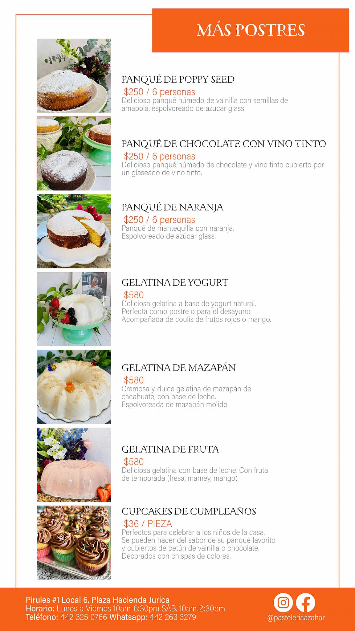 Menu at Azahar Pasteleria desserts, Santiago de Querétaro