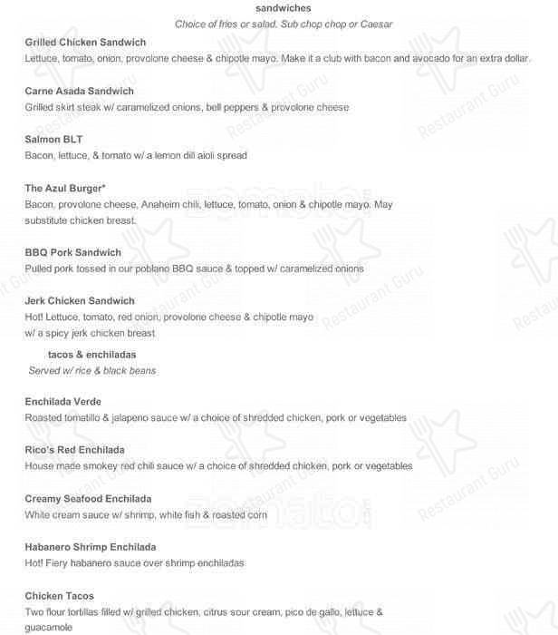 Menu at Azul Restaurant, Mill Creek