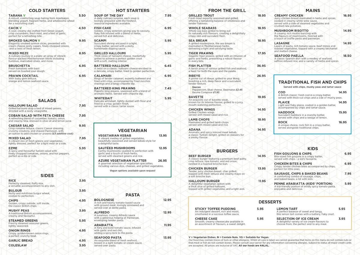 Menu at Azure Fish & Grill Restaurant, Brandon