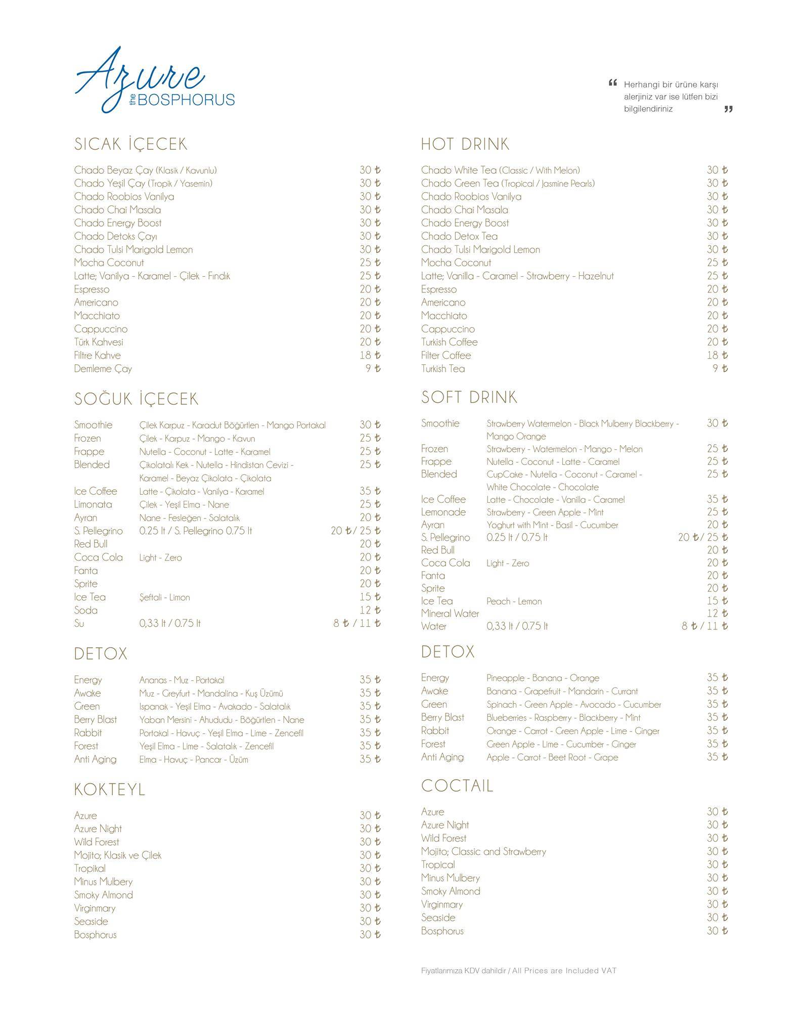 Menu at Azure The Bosphorus, Istanbul, Fındıklı