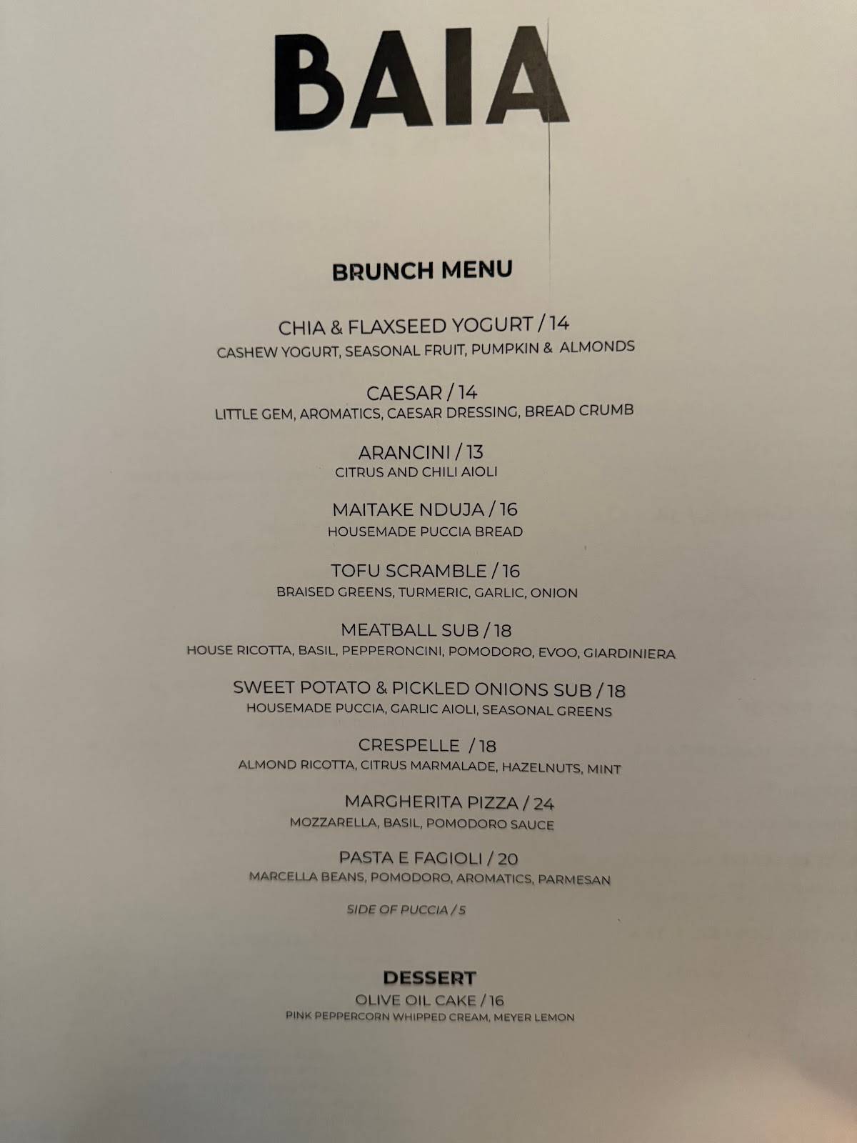 Menu at BAIA pub & bar, San Francisco