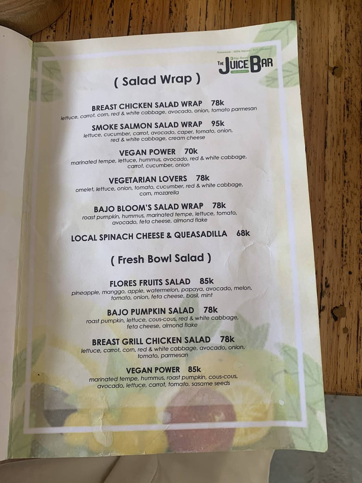 Carta de BAJO BLOOM JUICE BAR AND HEALTHY FOOD, Indonesia