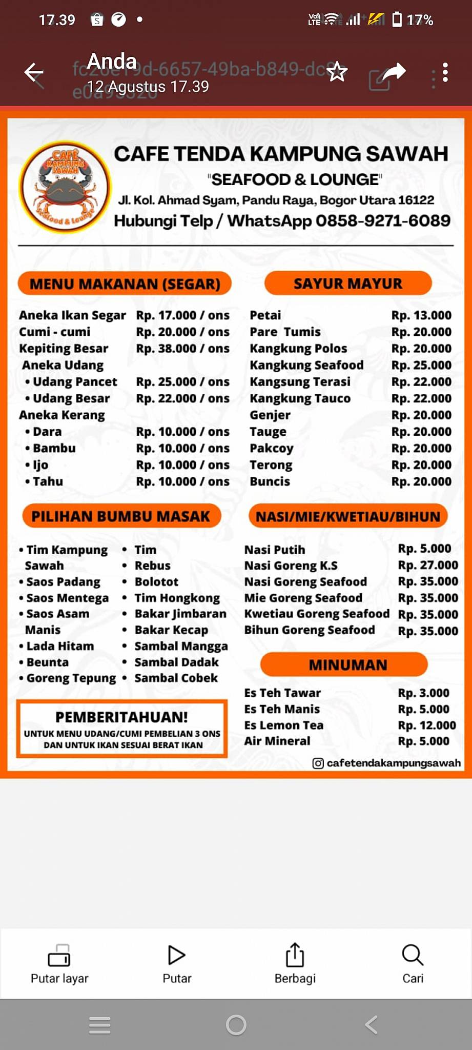 Menu at BANDAR SEAFOOD BOGOR restaurant, Bogor