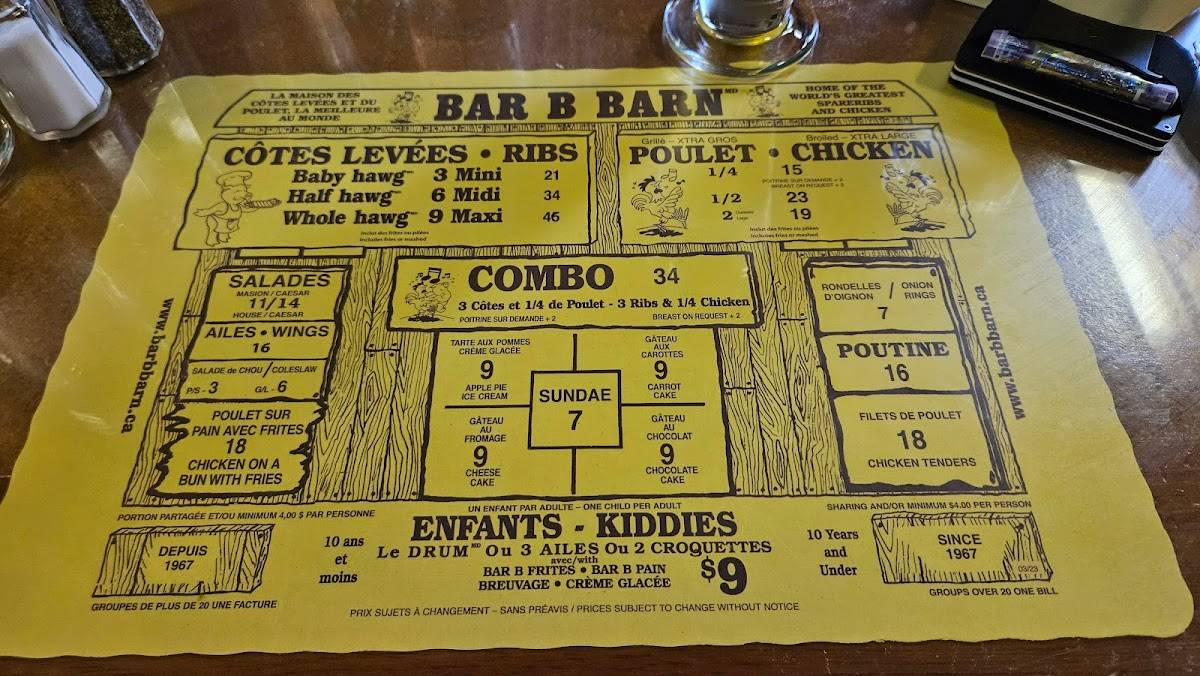 Menu au Bar-B-Barn, Pointe-Claire, Bd des Sources