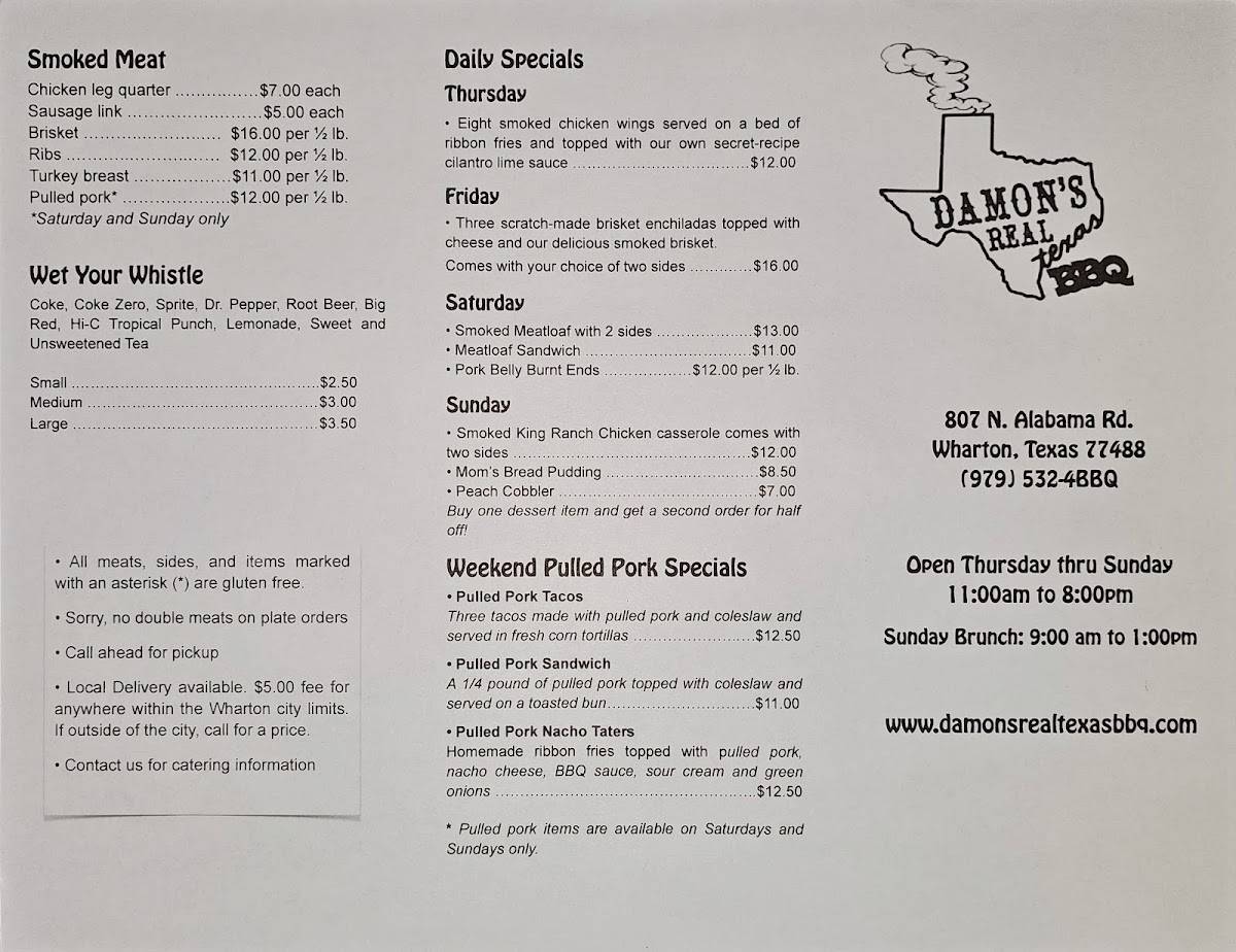Menu at Damon's Real Texas BBQ, Wharton