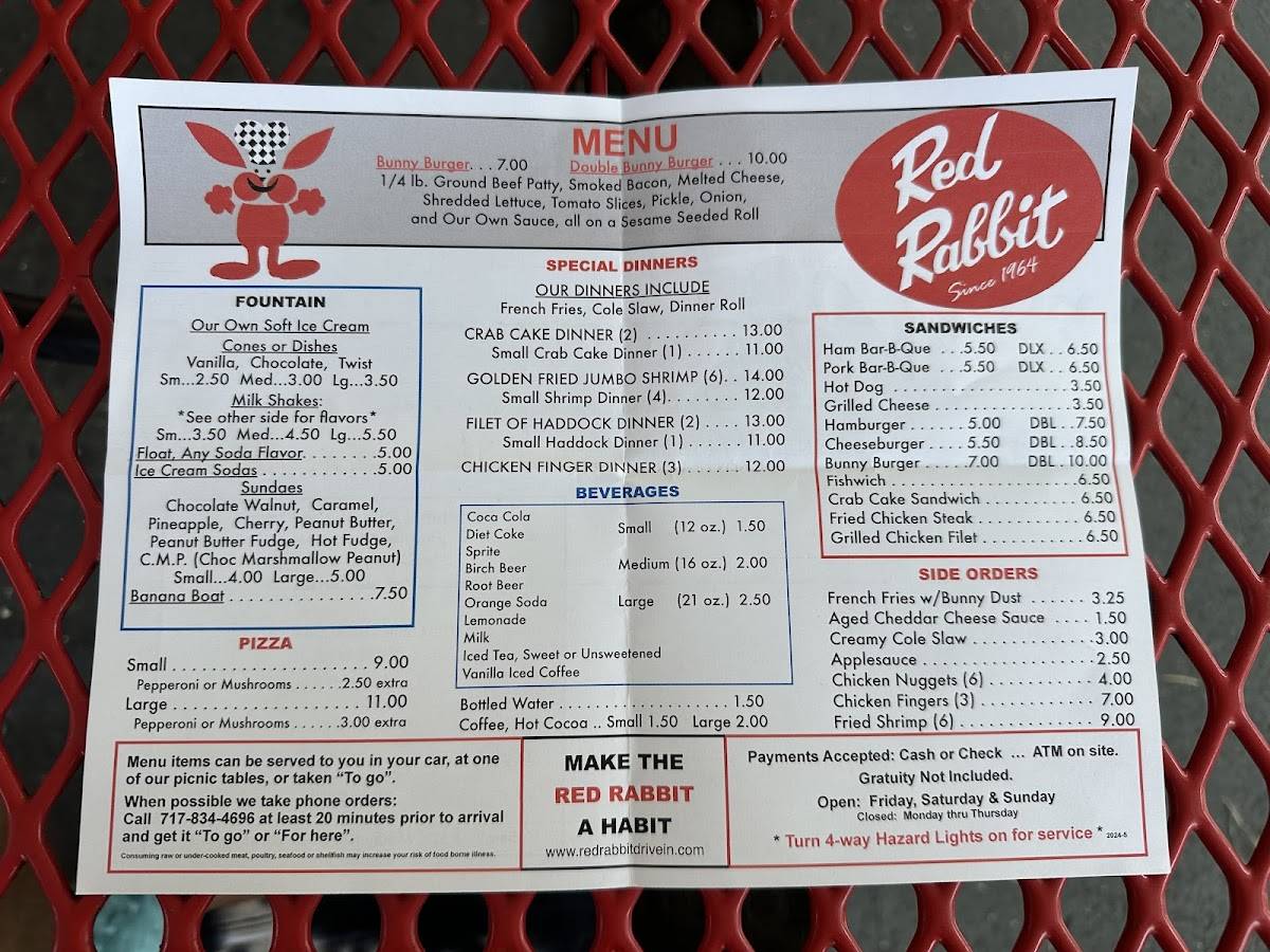 Menu at Red Rabbit Drive-In BBQ, Duncannon