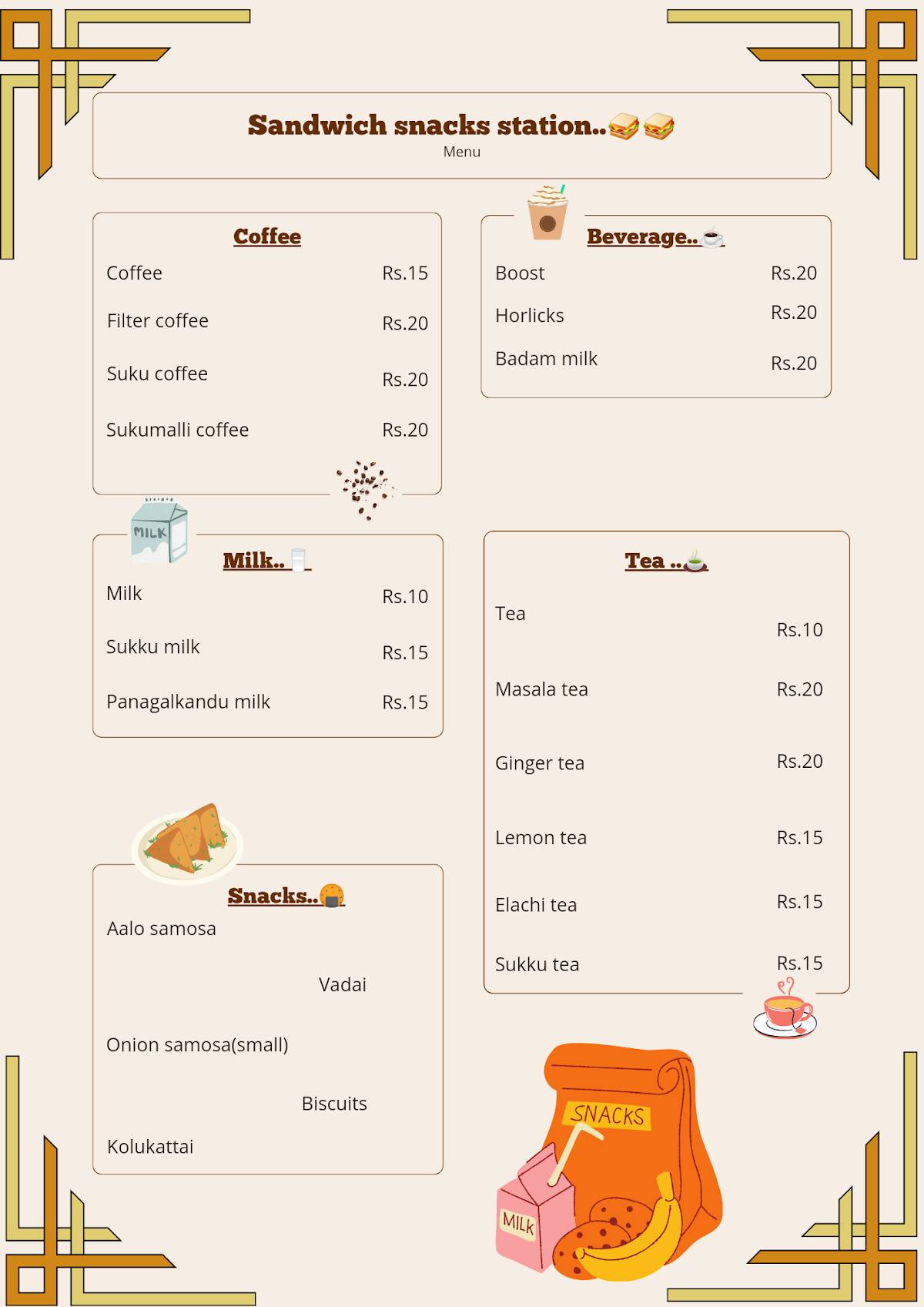 Menu at Snacks Block, Chennai
