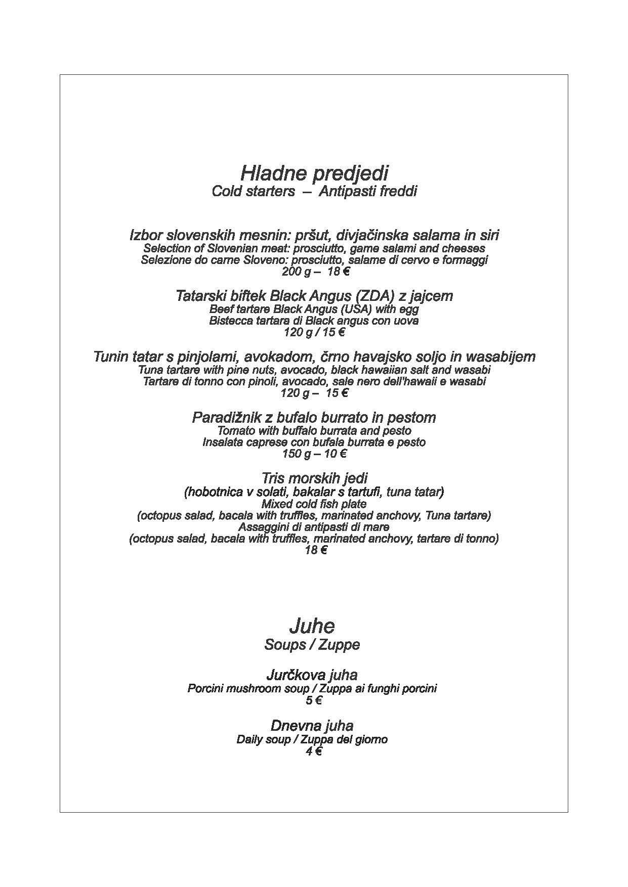 Menu at Sorbara, Ljubljana