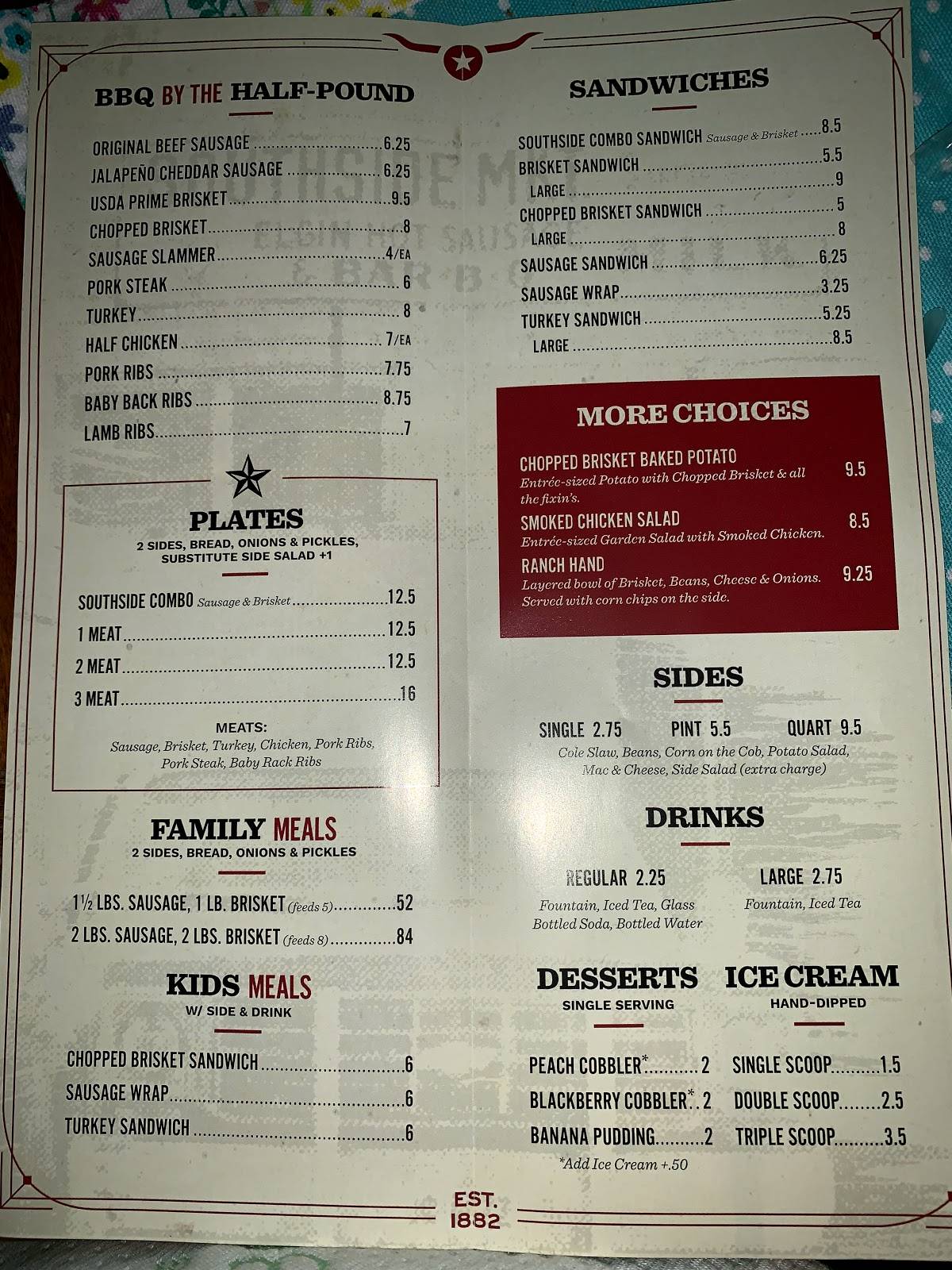 Menu at Southside Market & Barbeque, Elgin, US-290