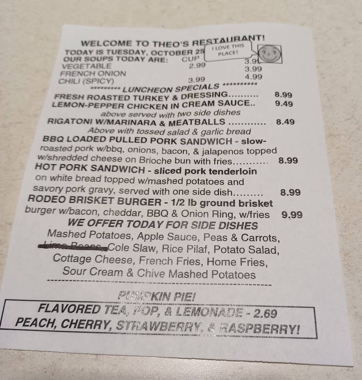 Menu at Theo's Restaurant, Cambridge