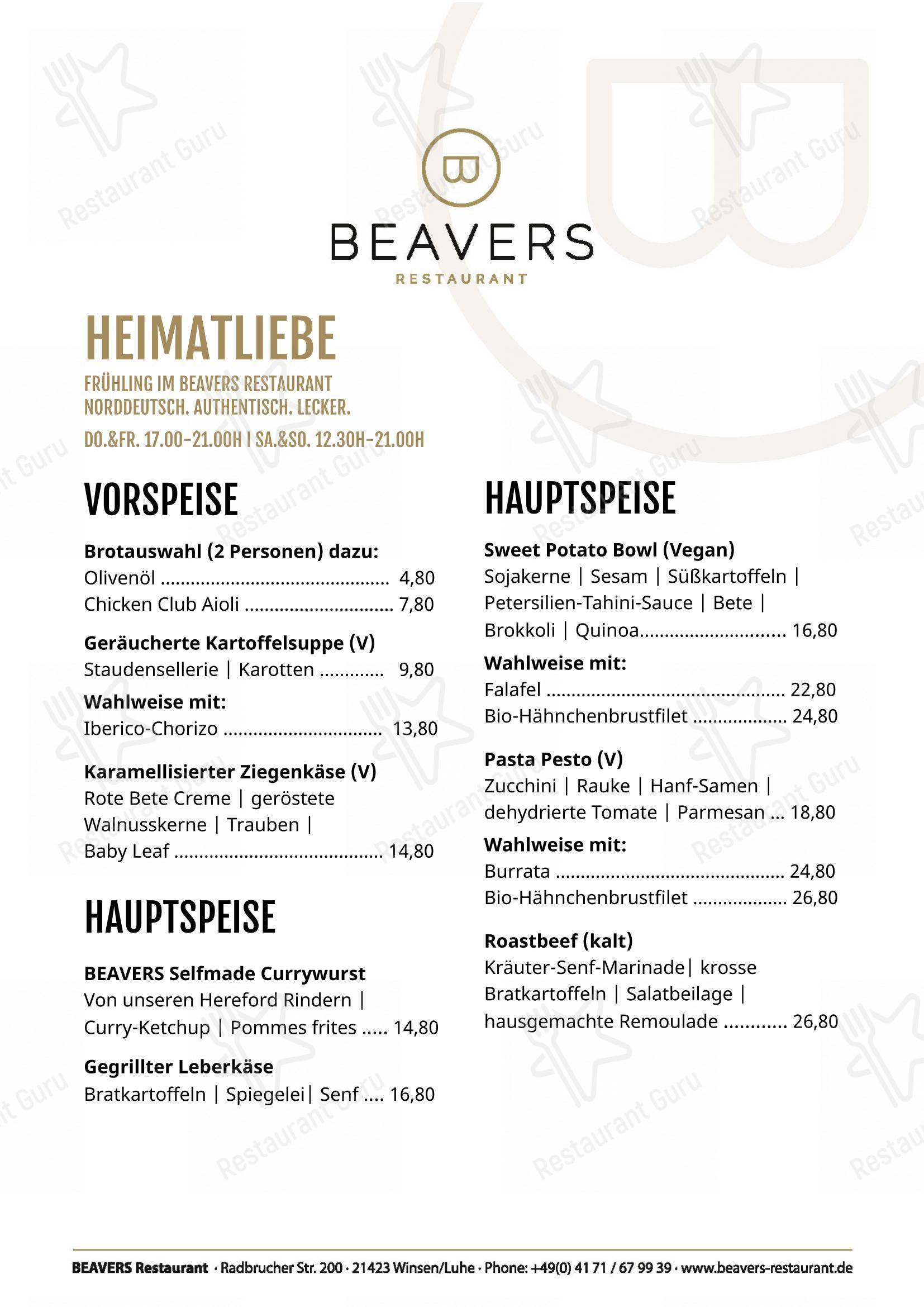 Speisekarte von Beavers Restaurant - Wir Bauen Um & Sind Ab März 2024 ...