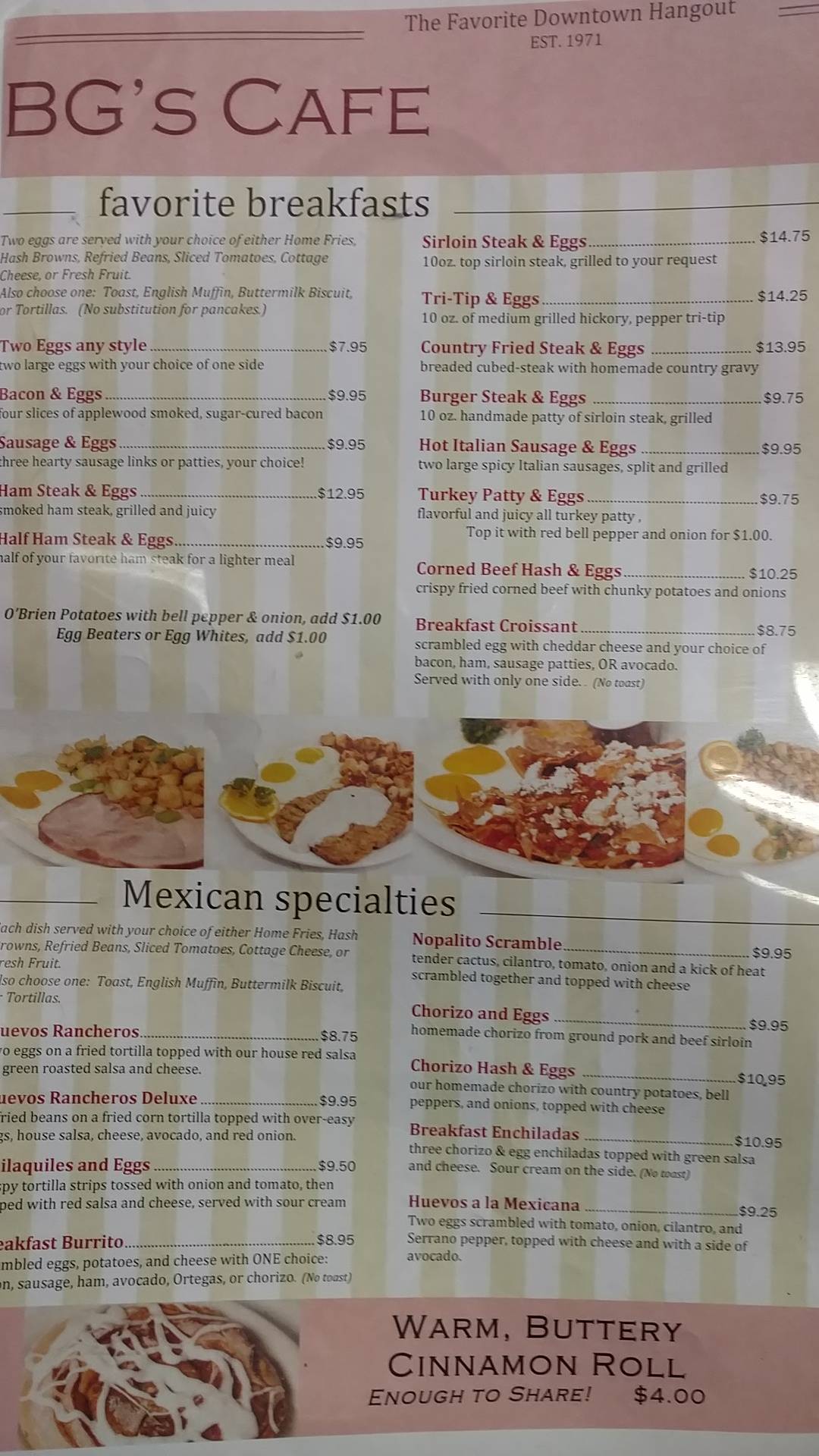 Menu at BG's Cafe, Oxnard