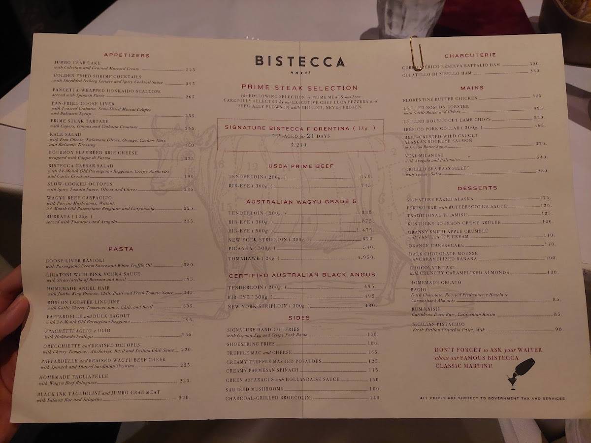 Menu at BISTECCA SCBD restaurant, South Jakarta