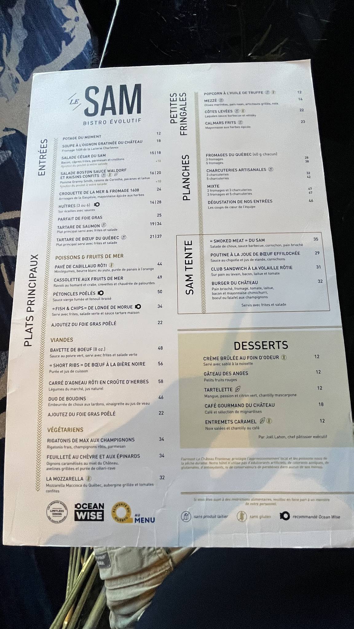 Carta del restaurante BISTRO LE SAM, Quebec