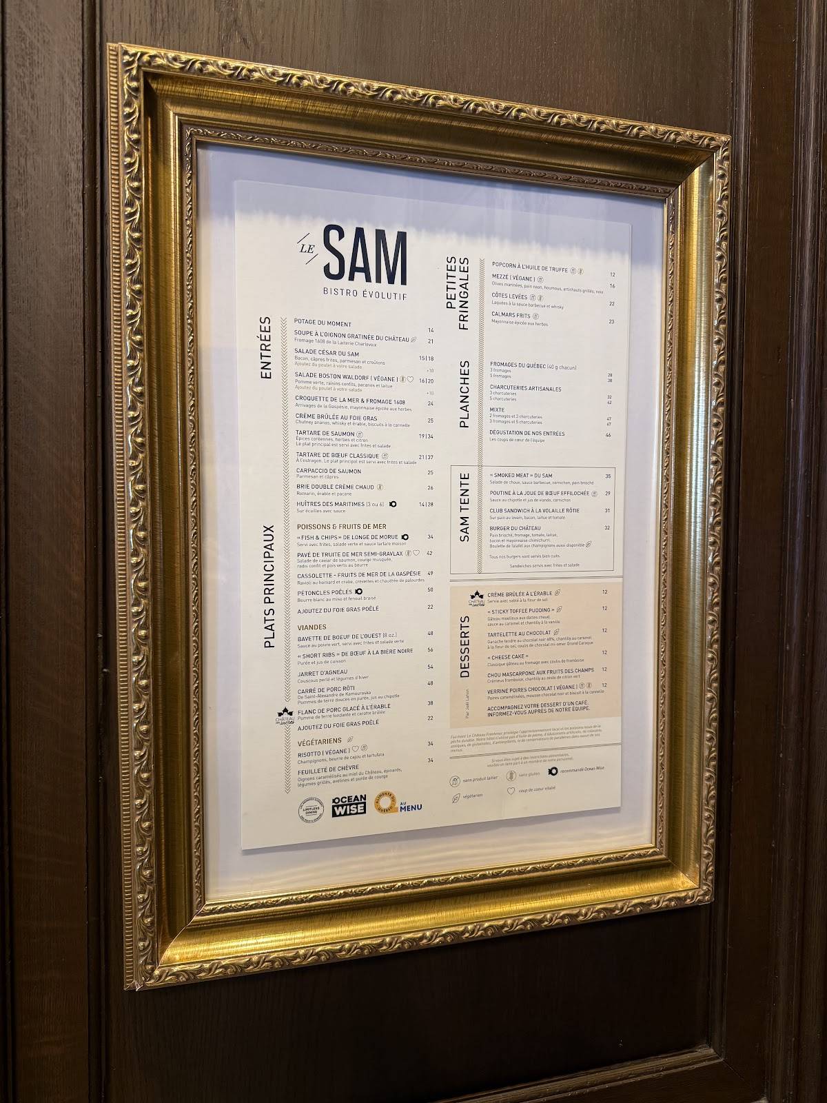 Menu at BISTRO LE SAM restaurant, Québec City
