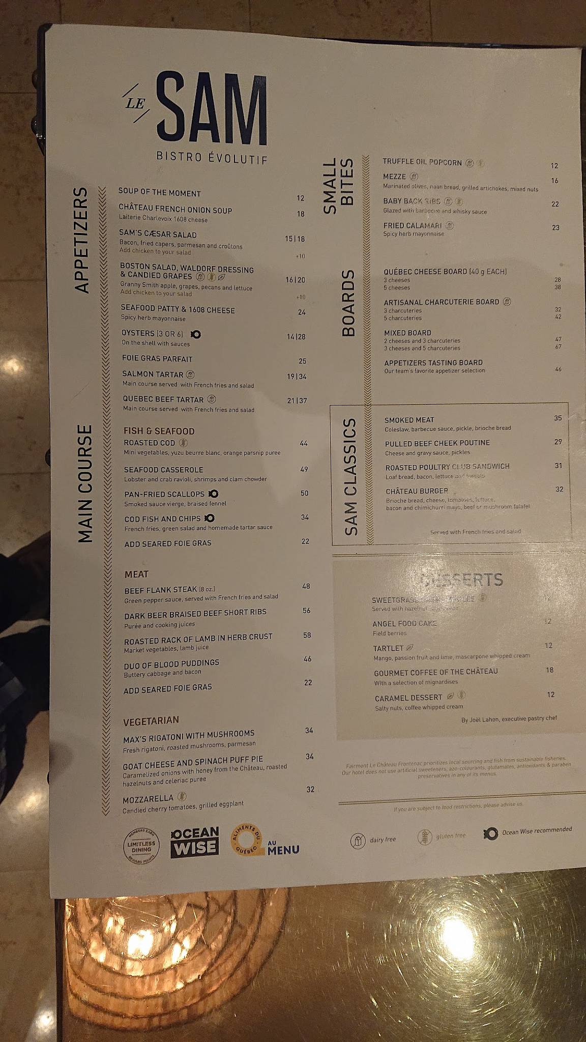 Carta del restaurante BISTRO LE SAM, Quebec