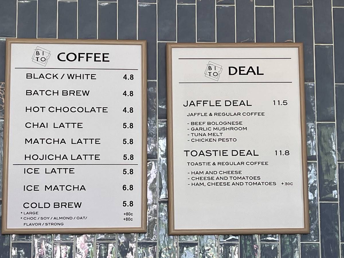 Menu at BITO cafe, Docklands