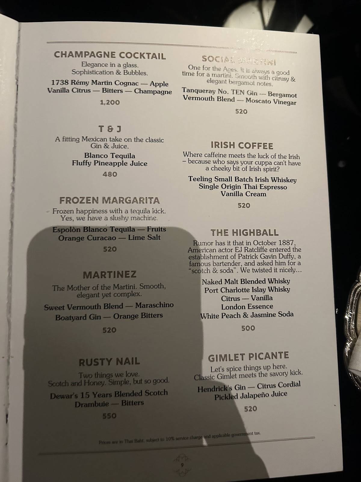 Menu at BKK Social Club, Bangkok