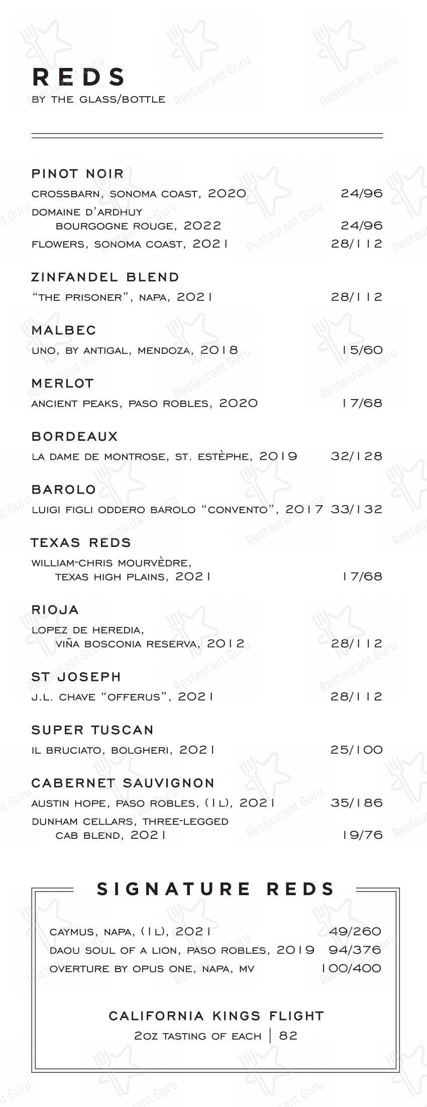 Carta de BOA Steakhouse, Santa Monica, 101 Santa Monica Blvd