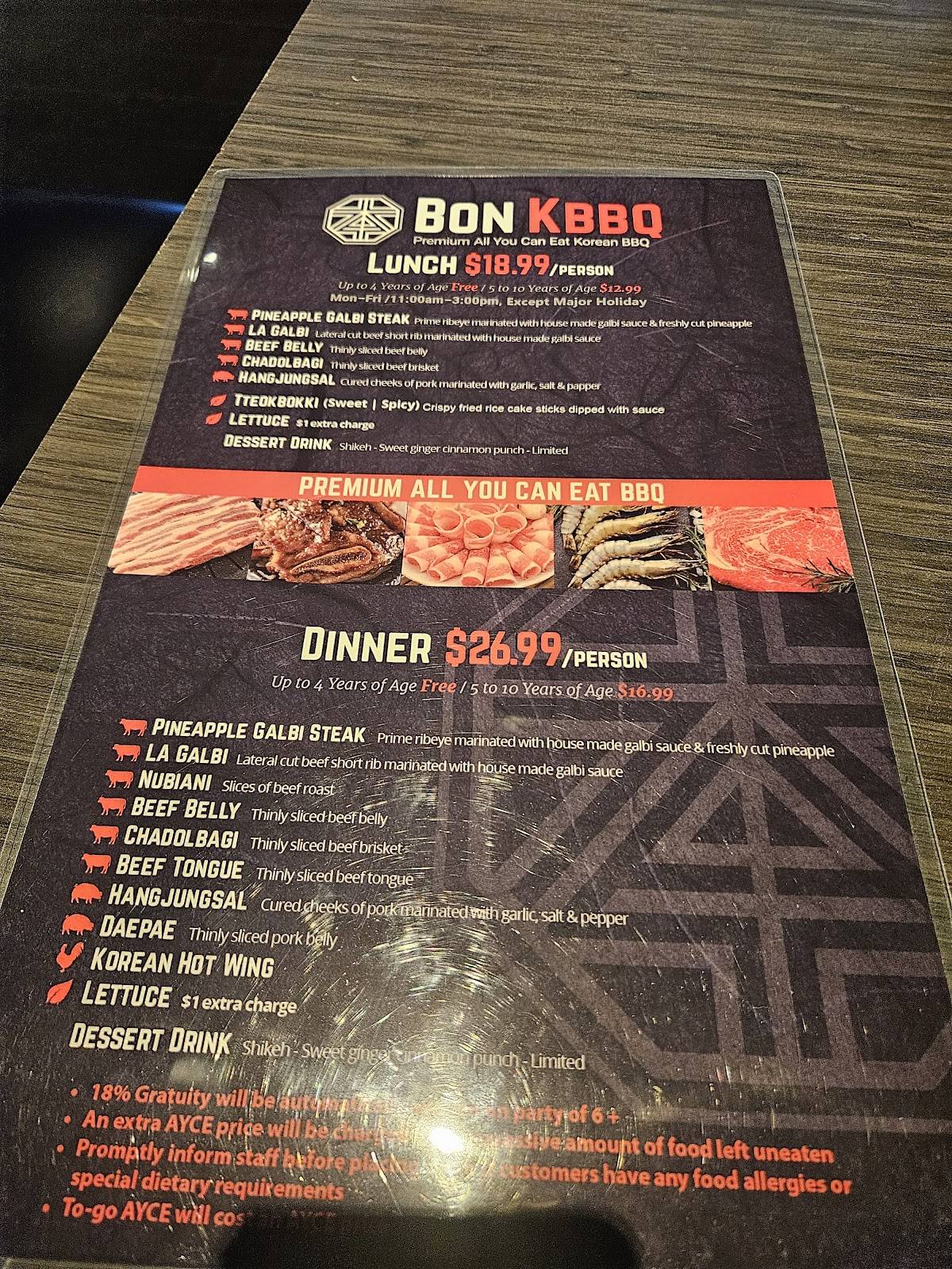 Menu at BON KBBQ (Jin Korean KBBQ), Arlington