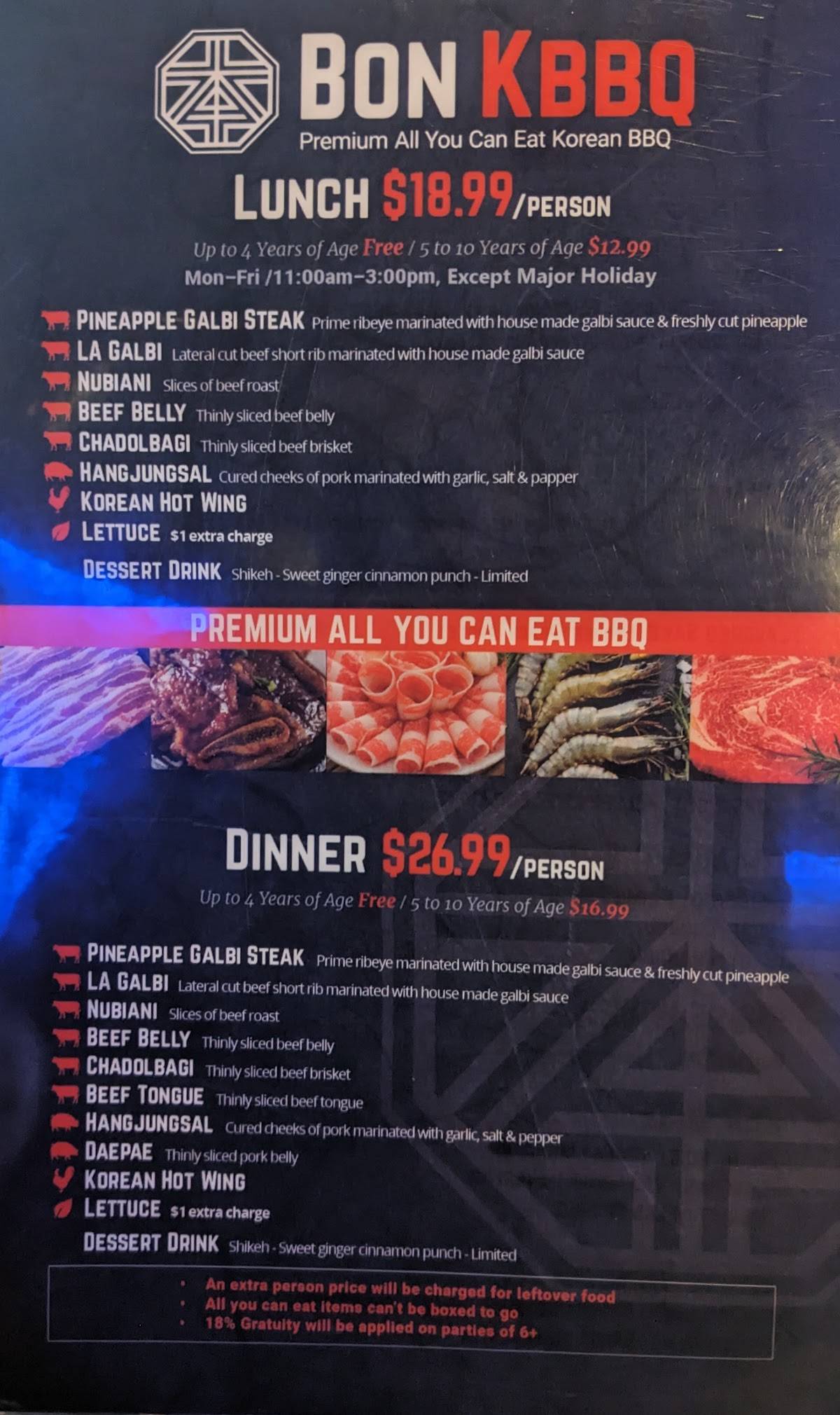Menu at BON KBBQ (Jin Korean KBBQ), Arlington