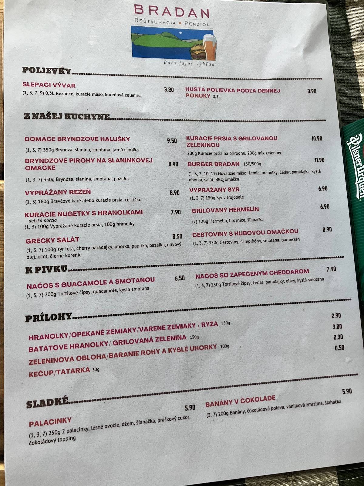 Menu at BRADAN restaurant, Slovakia