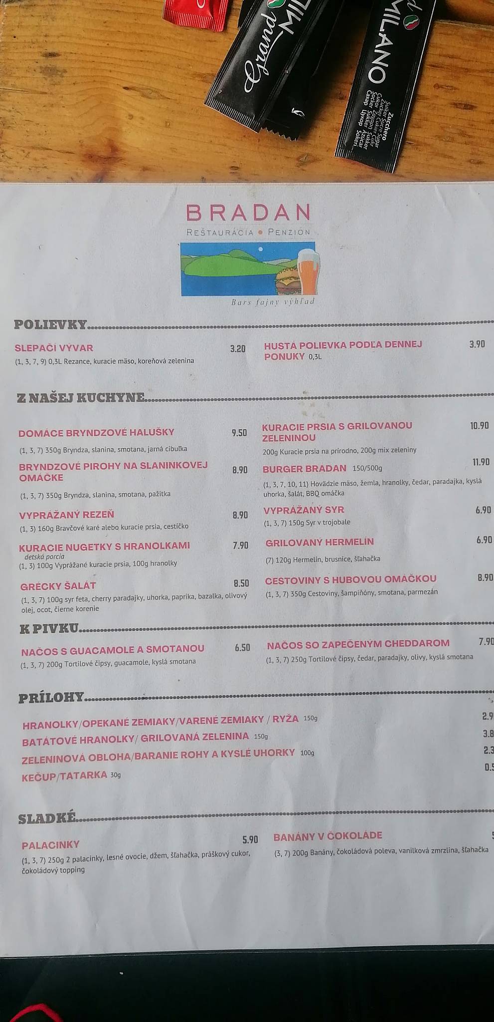 Menu at BRADAN restaurant, Slovakia