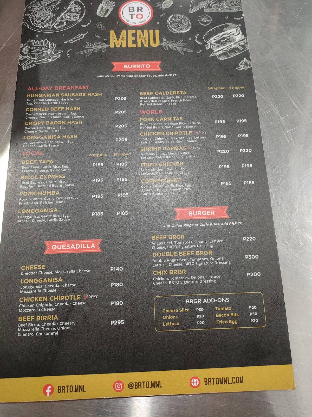 Menu at BRTO - Greenhills Promenade restaurant, San Juan