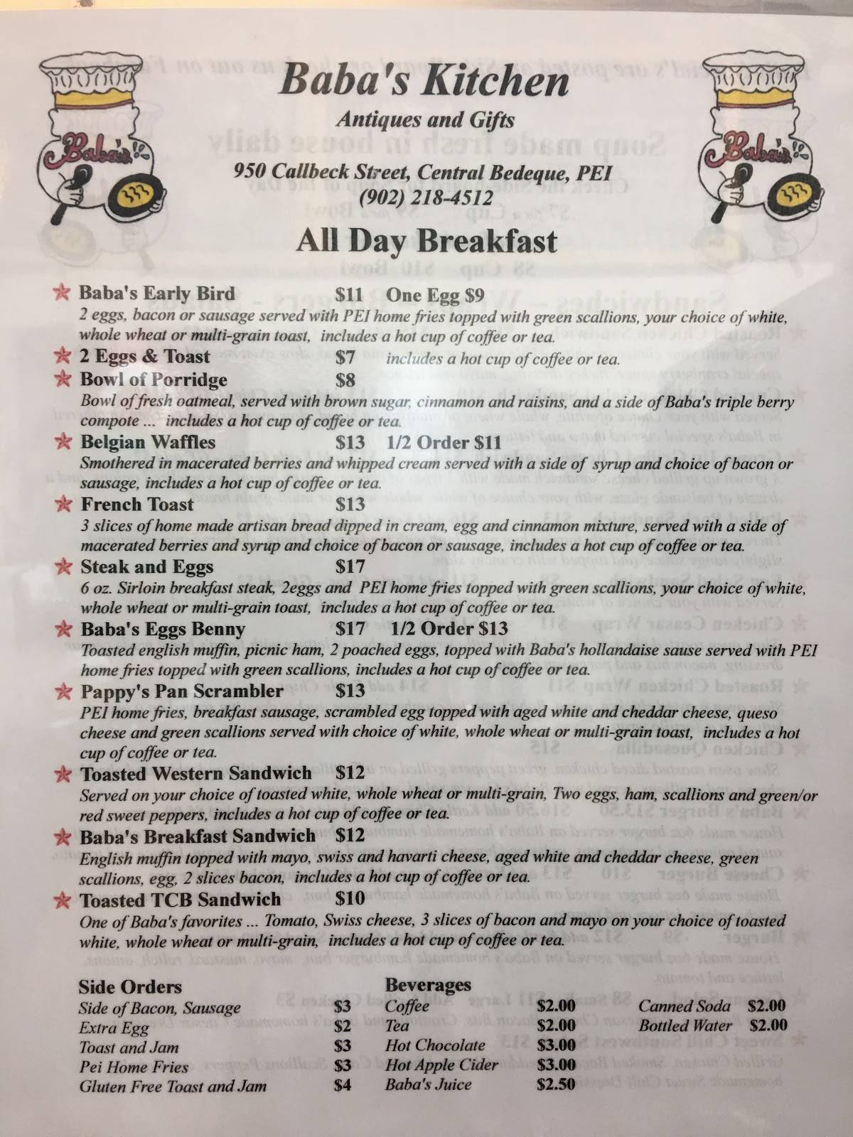 Menu at Baba's Kitchen restaurant, Central Bedeque