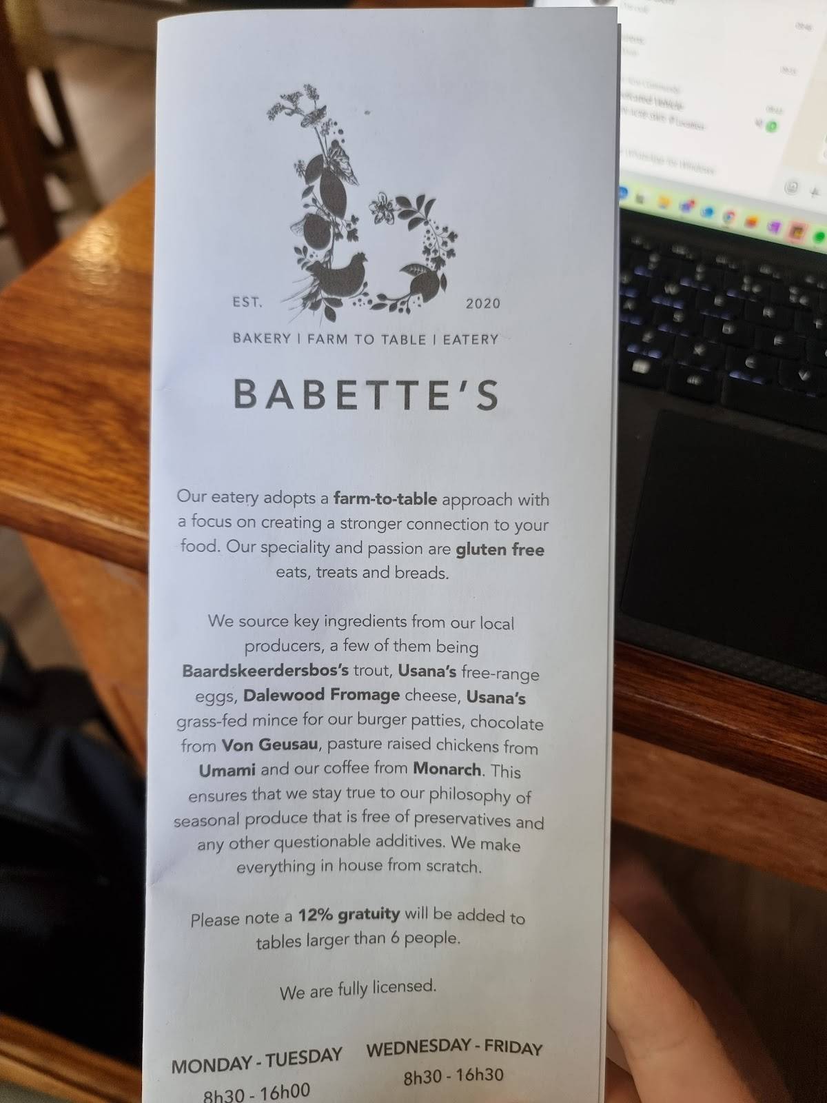 Carta de Babette's Bakery and Eatery, Ciudad del Cabo