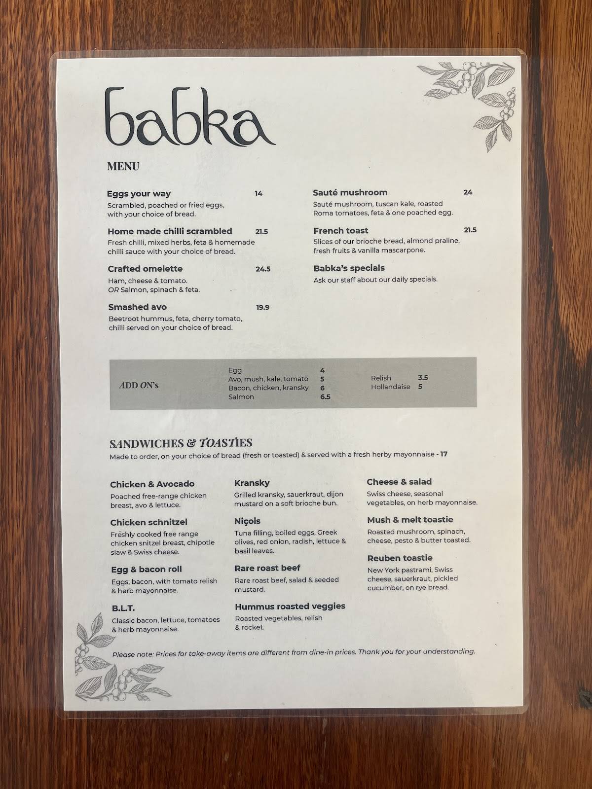 Menu at Babka Bakery Cafe, Fitzroy