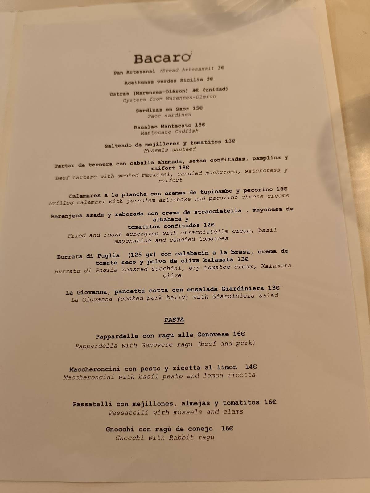 Menu at Bacaro restaurant, Barcelona