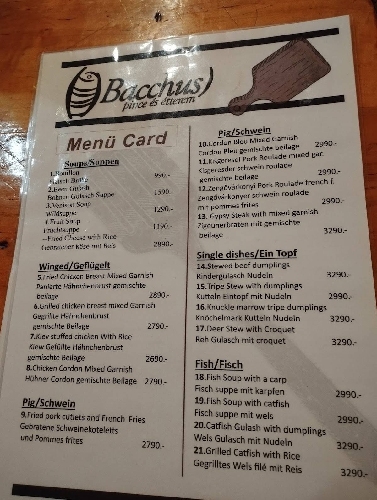 Menu at Bacchus Pince Étterem restaurant, Pécs