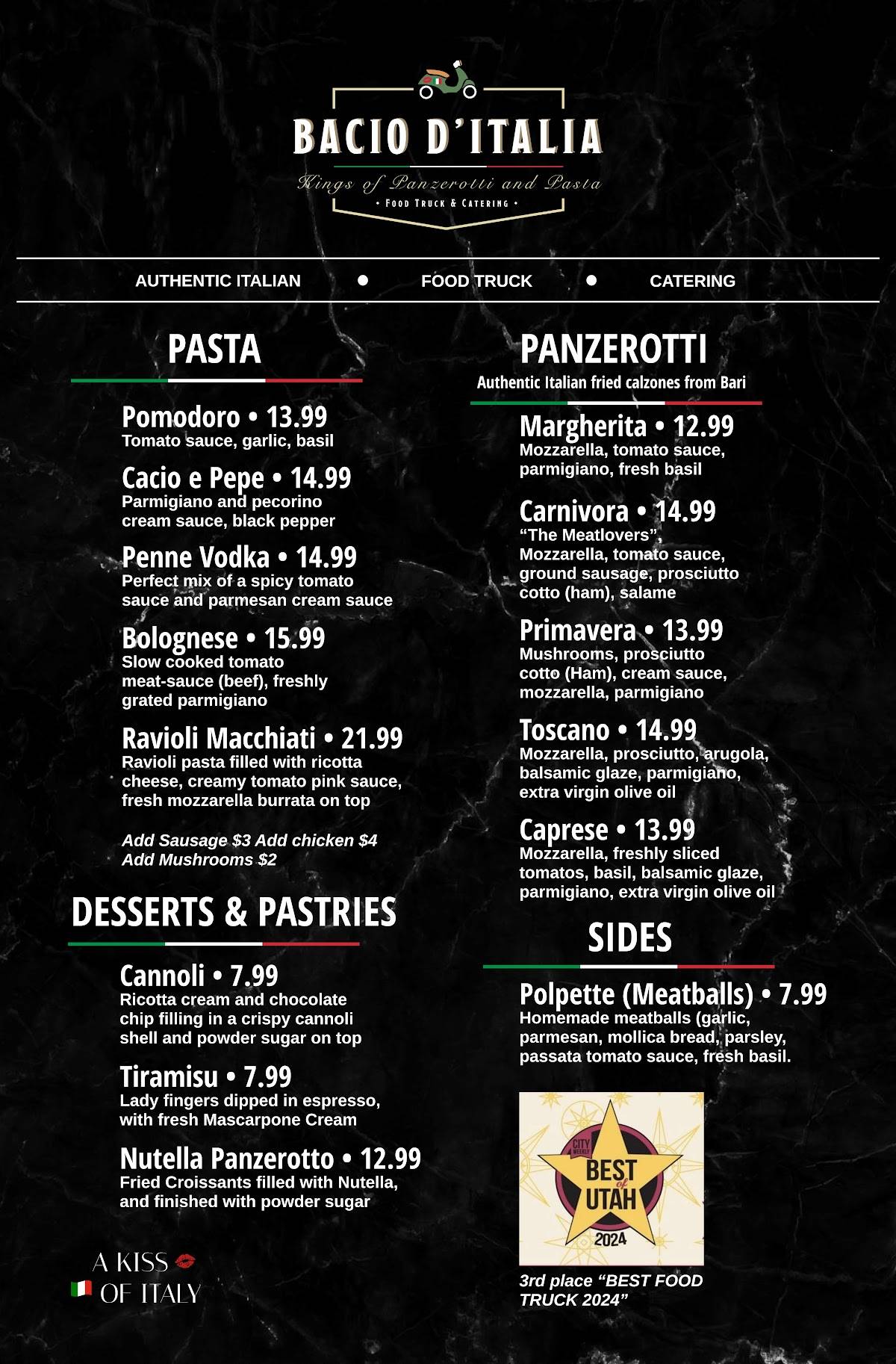 Menu at Bacio D'Italia restaurant, Kearns