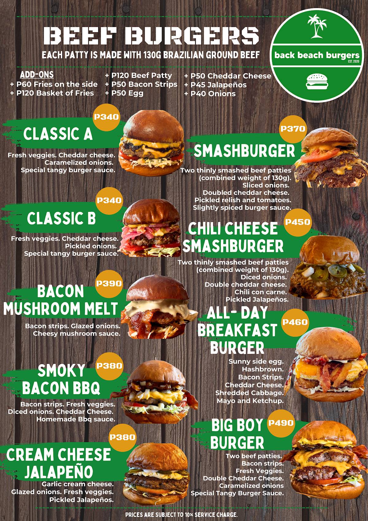 Menu at Back Beach Burgers Boracay restaurant, Malay
