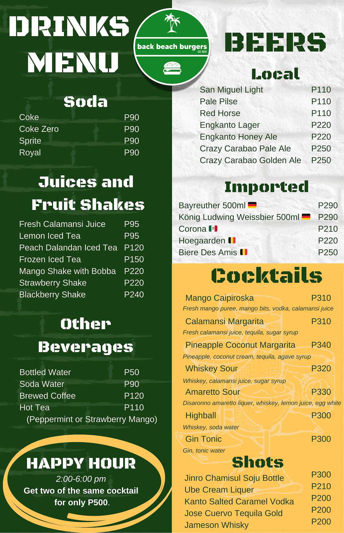 Menu at Back Beach Burgers Boracay restaurant, Malay
