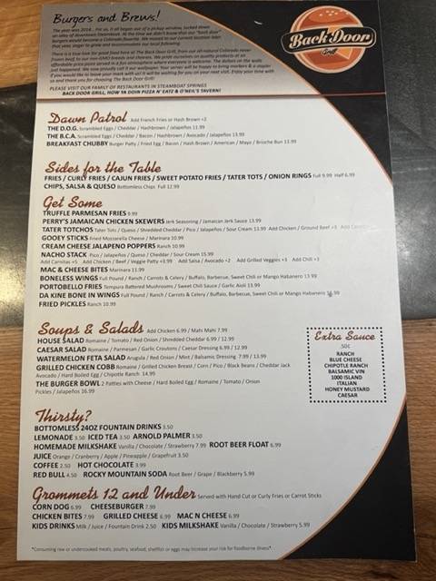 Menu at Back Door Grill Fort Collins pub & bar, Fort Collins