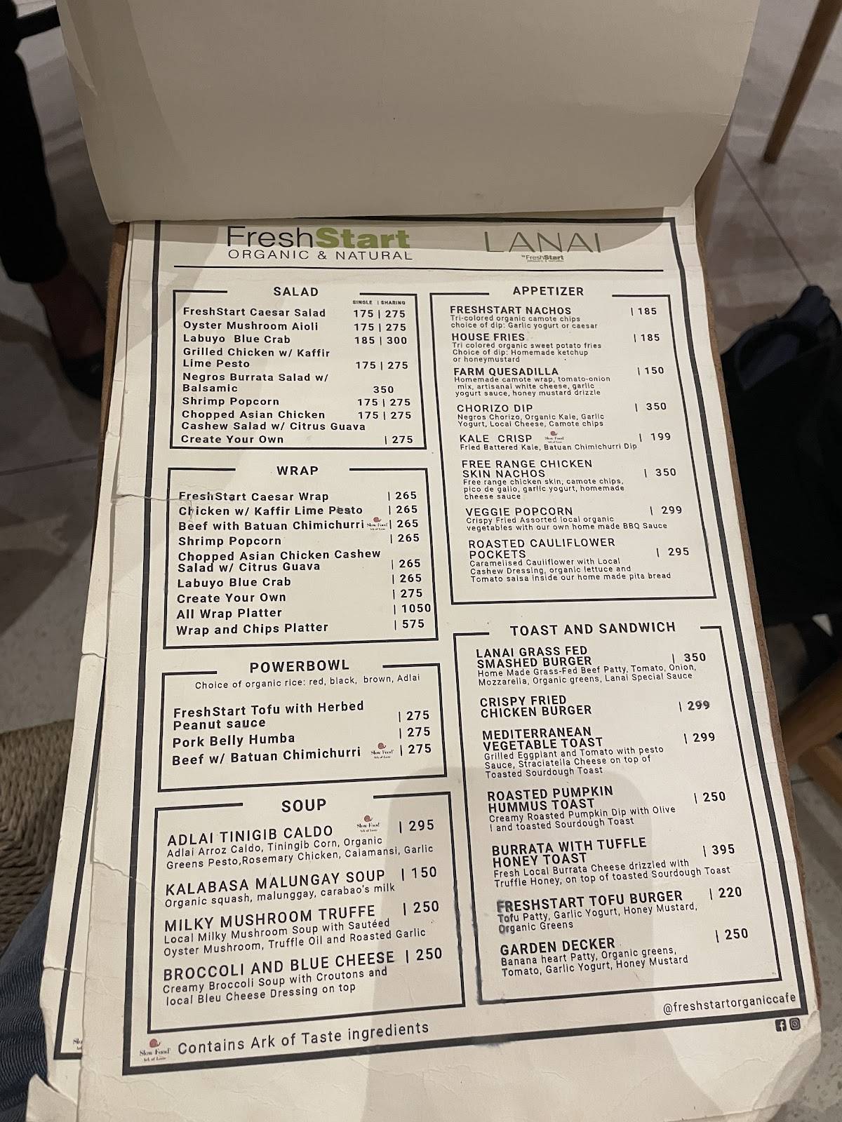 Menu at LANAI by FreshStart Organic restaurant, Bacolod
