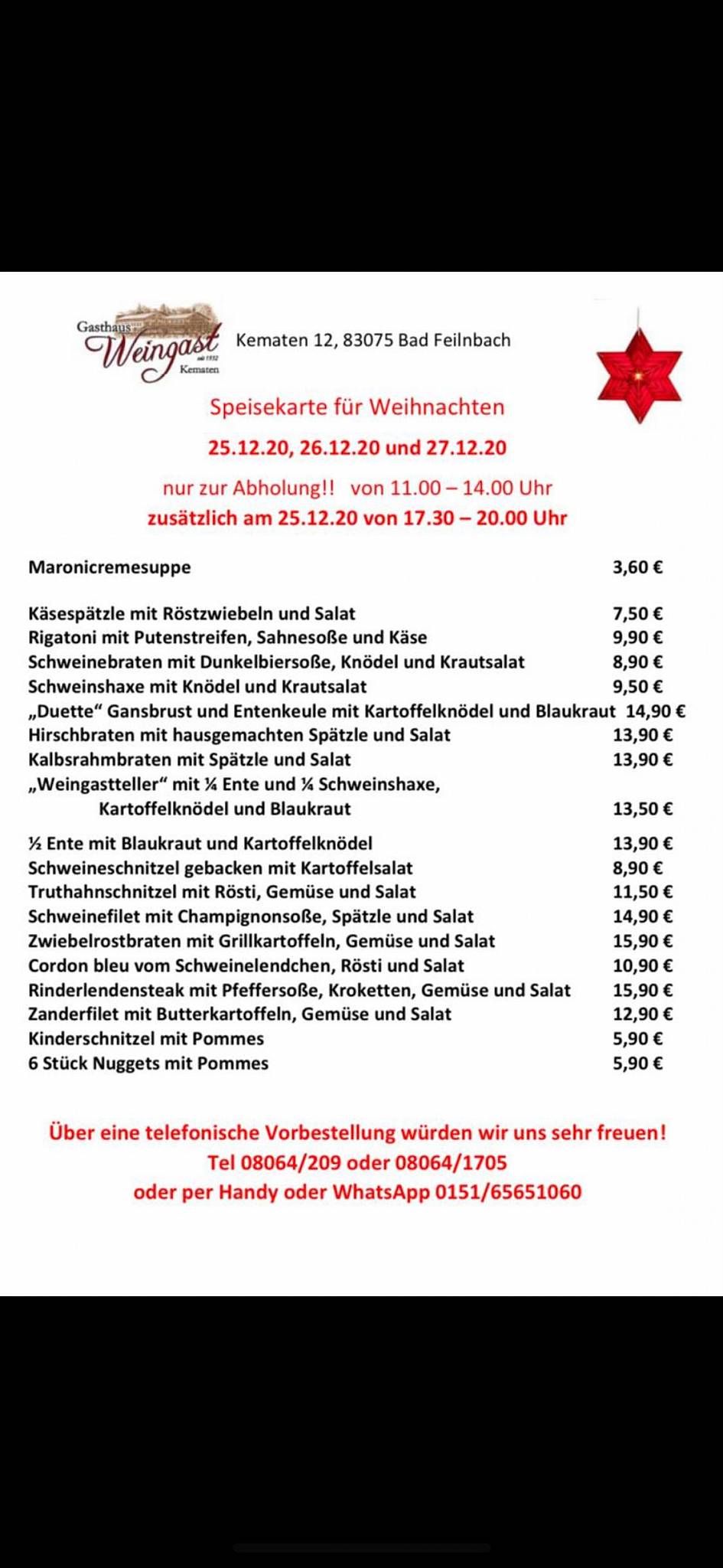 Speisekarte von Gasthaus Weingast restaurant, Bad Feilnbach